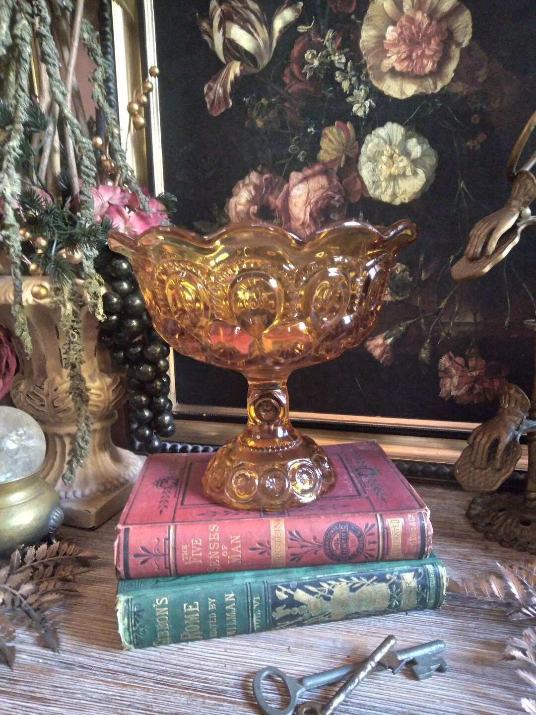 Vintage Amber Glass Bowl / Large Pedestal Compote LE Smith Moon and ...