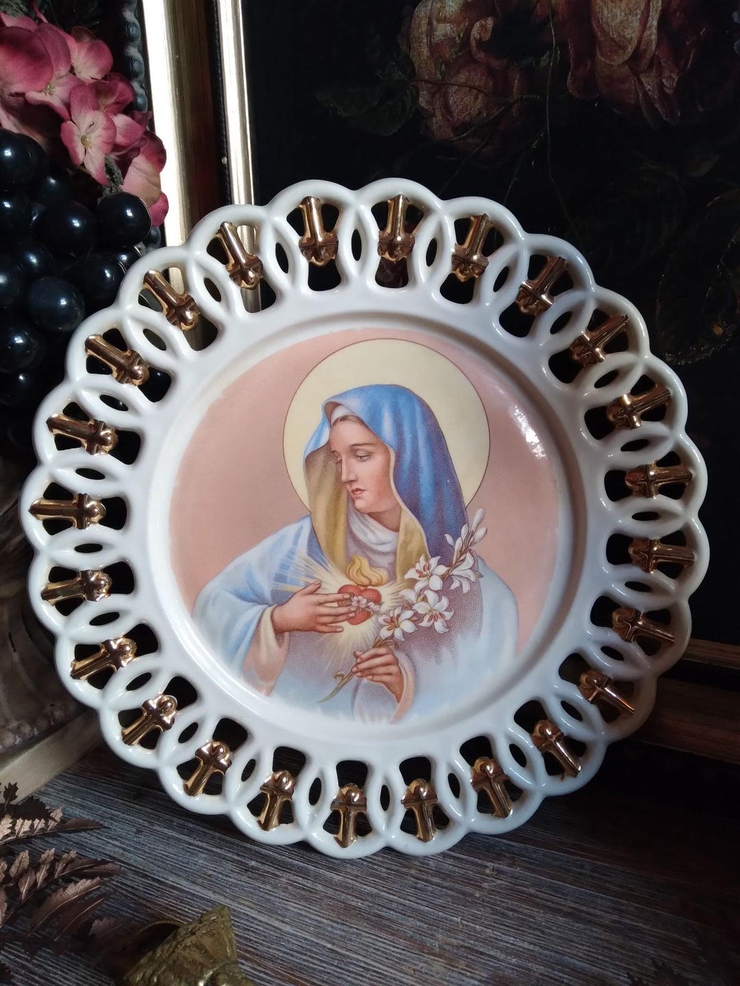 Vintage Mother Mary Sacred Heart Plate / Catholic Holy Protection Gold ...
