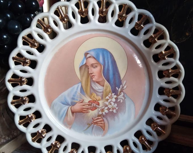 Vintage Mother Mary Sacred Heart Plate / Catholic Holy Protection Gold ...