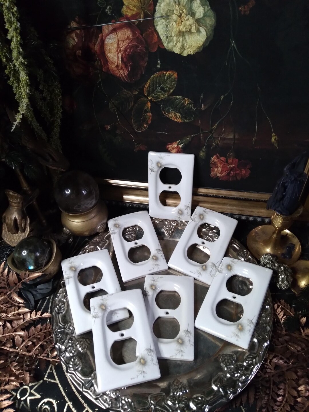 Vintage Porcelain Plug Switch Plate, White Daisy Flowers , Light Switch ...