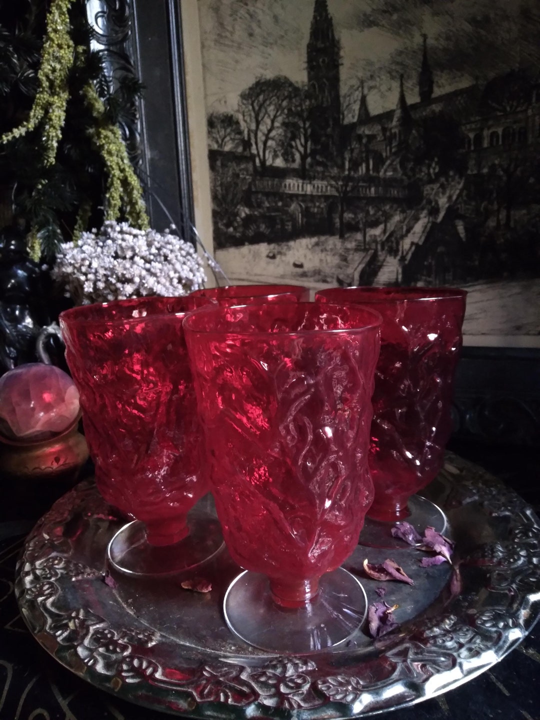 Set of 4 Vintage Crinkle Glass Ruby Red Glasses / Morgantown Wine ...