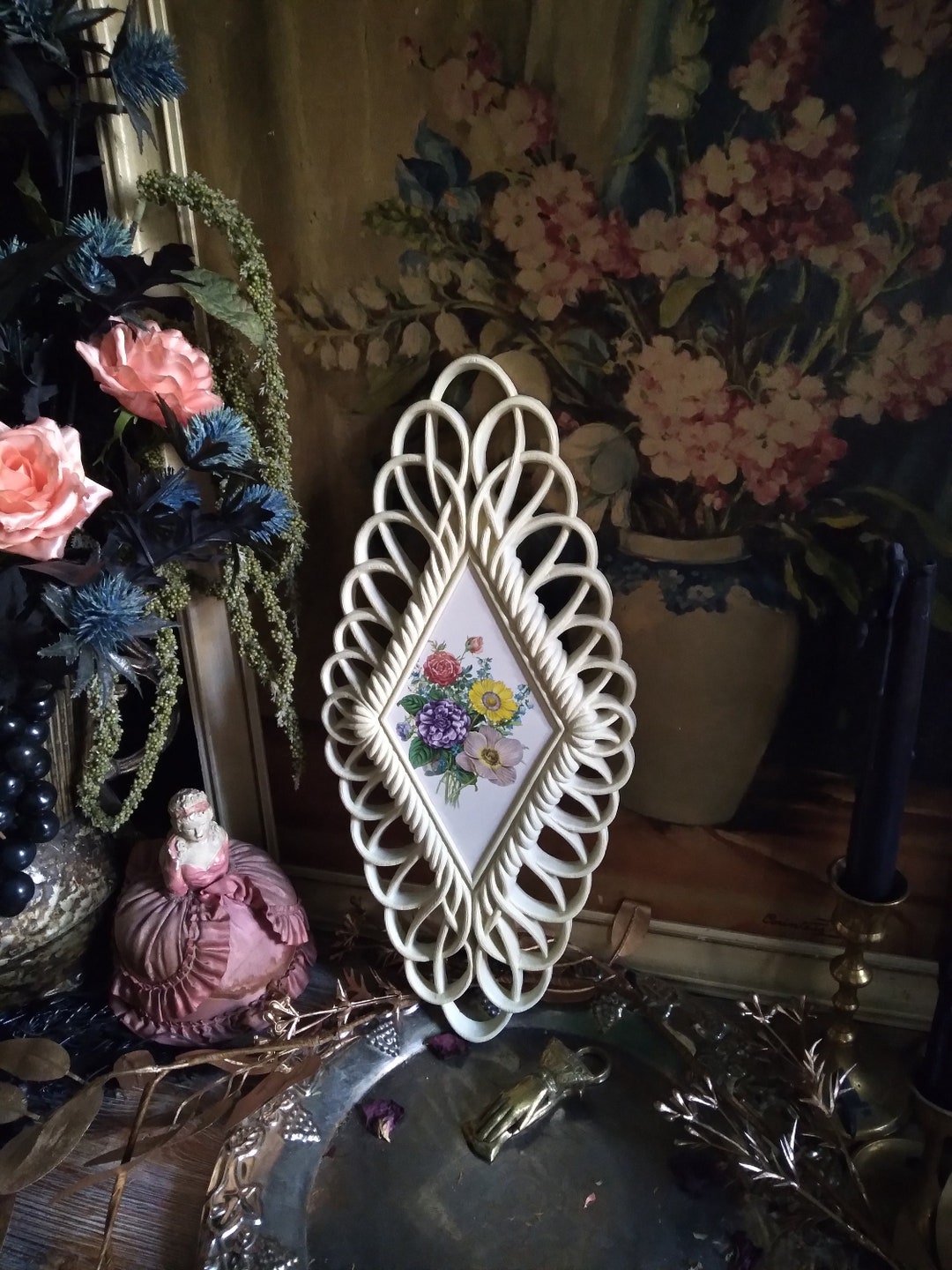 Vintage Floral Wall Panel / Faux White Wicker Flower Wall Decor ...