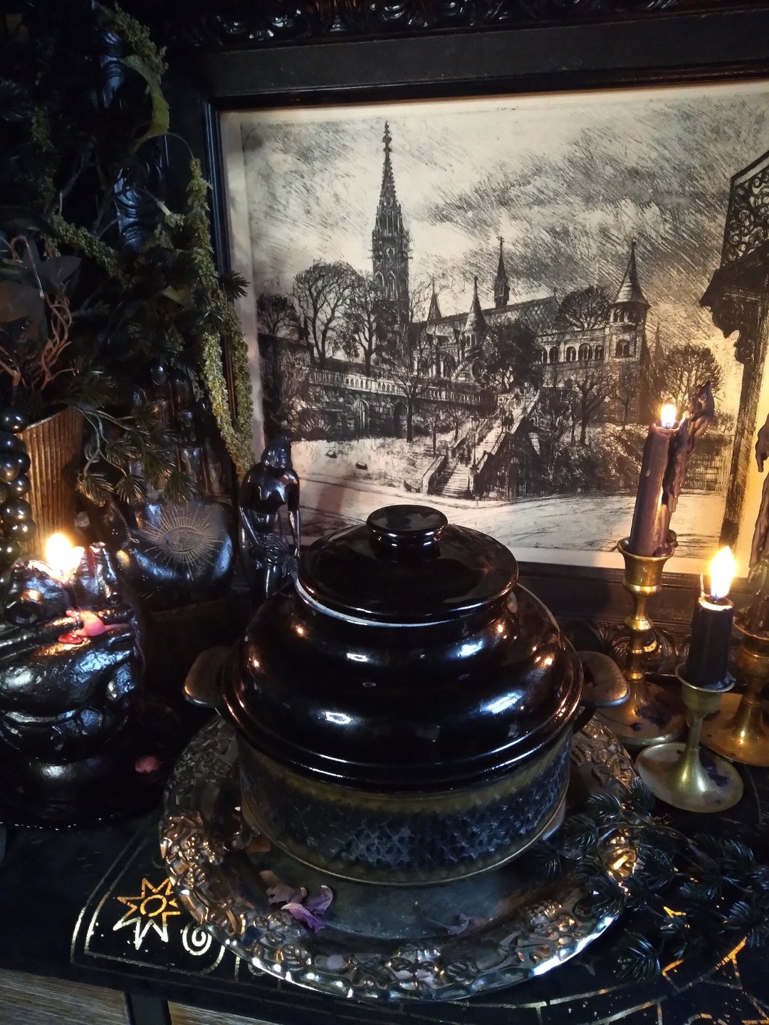 Large Vintage Witch Cauldron / Ceramic Lidded Cauldron With Footed ...