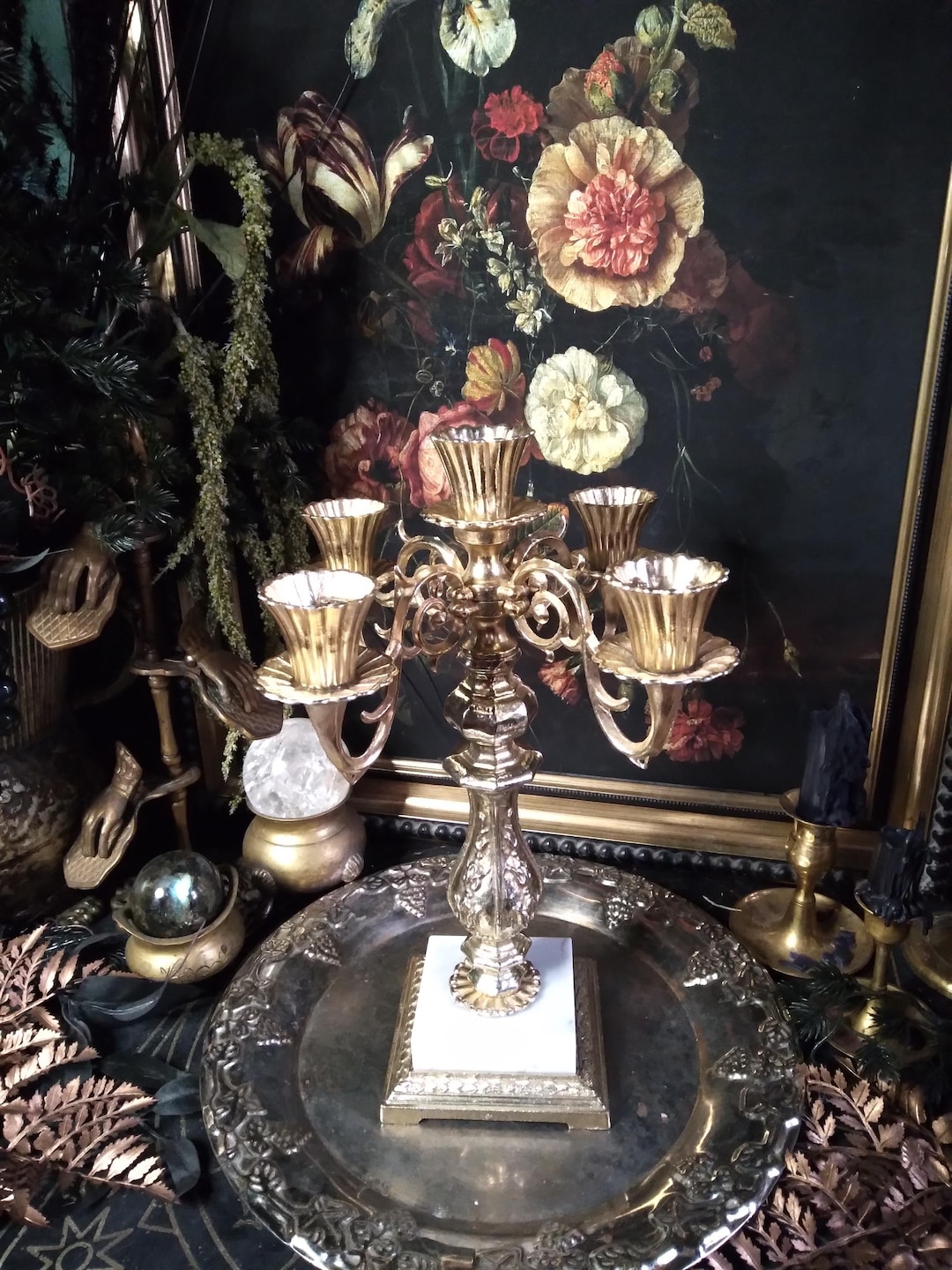 Vintage Baroque Gold 5 Arm Candelabra / Golden Marble Base Art Nouveau ...