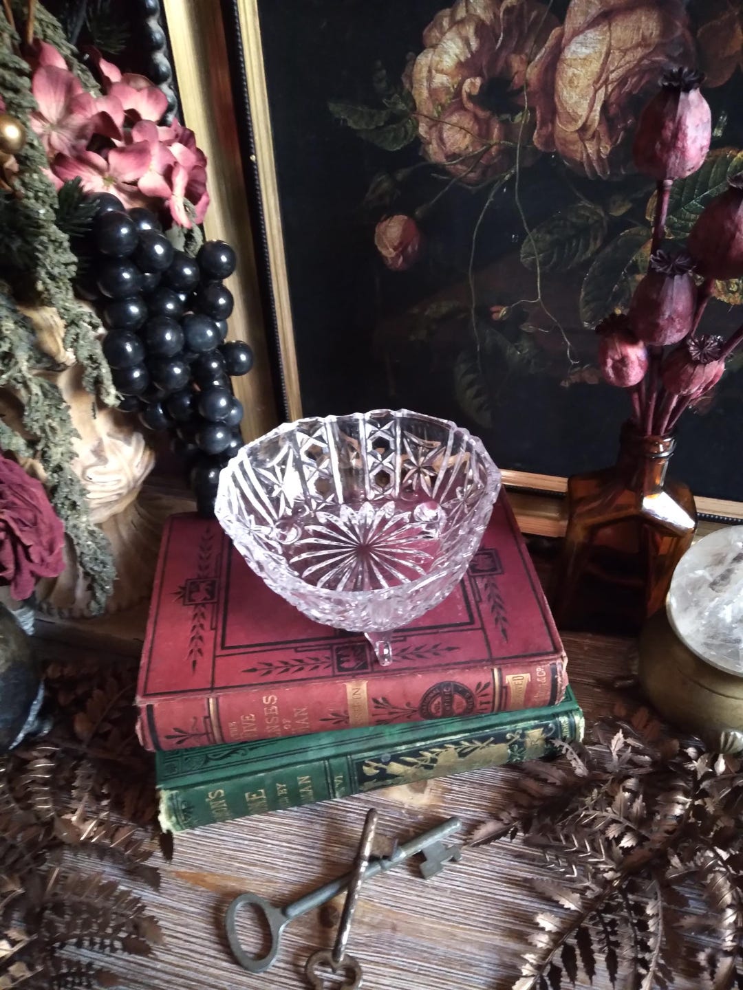 Vintage Cut Glass Triple Footed Bowl / Sparkling Celestial Star Gothic ...