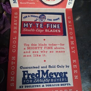 Vintage Fred Meyer's Razor Blade Promotion / My-te-fine Double Edge ...