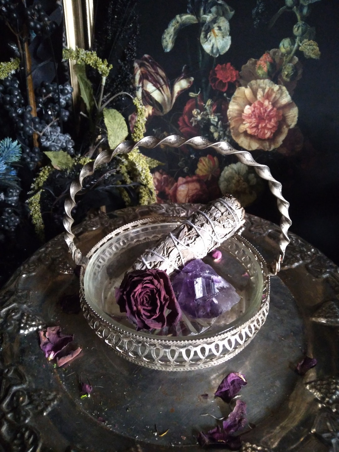 Vintage Cut Glass & Silver Basket Offering Dish / Ritual Dish / Smudge ...