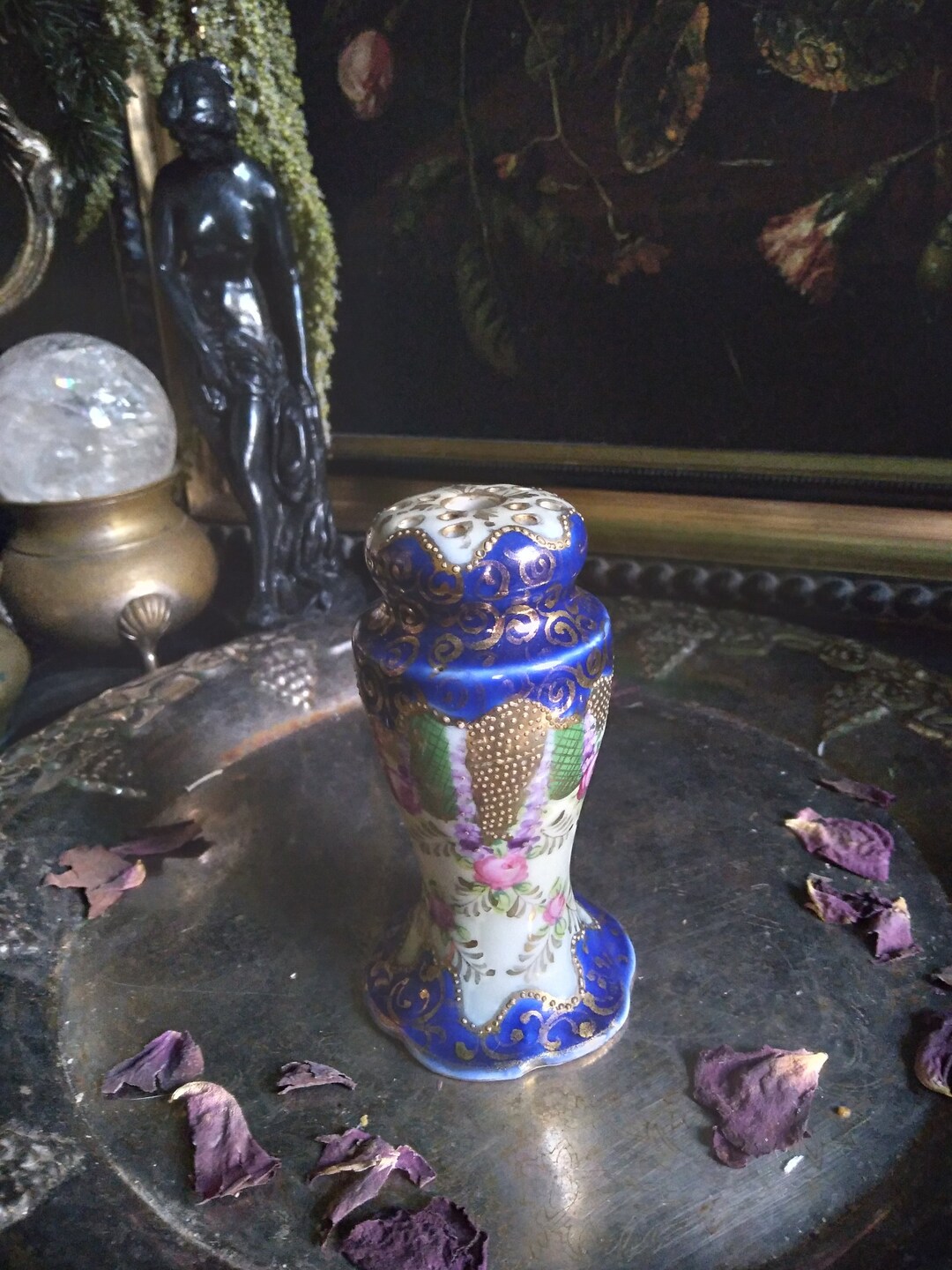 Vintage Poppet Pin Holder / Hat Pin Holder Blue & Gold Floral Design ...