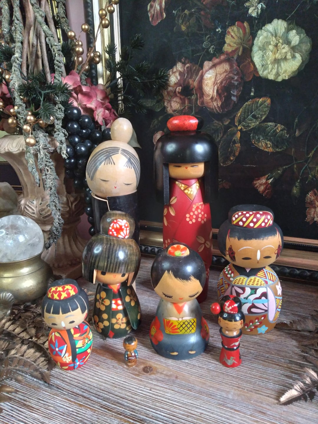 Vintage Kokeshi Dolls / Wooden Vintage Japanese Doll / Bobble Head Wood ...
