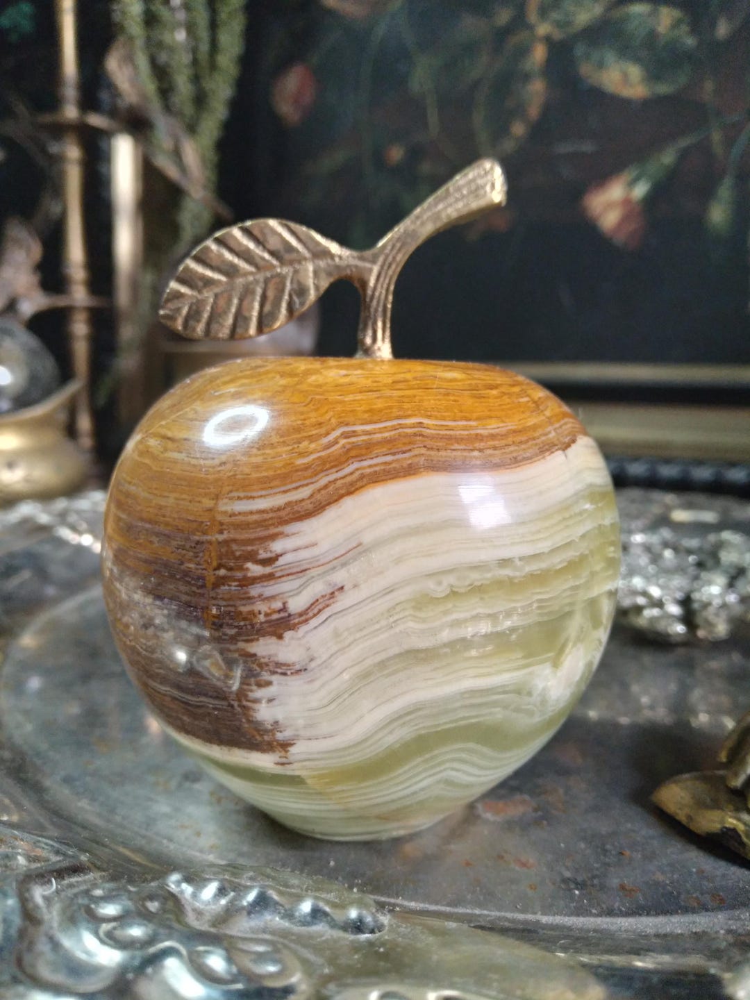 Vintage Onyx and Brass Apple Protection Charm / Crystal Stone Apple ...