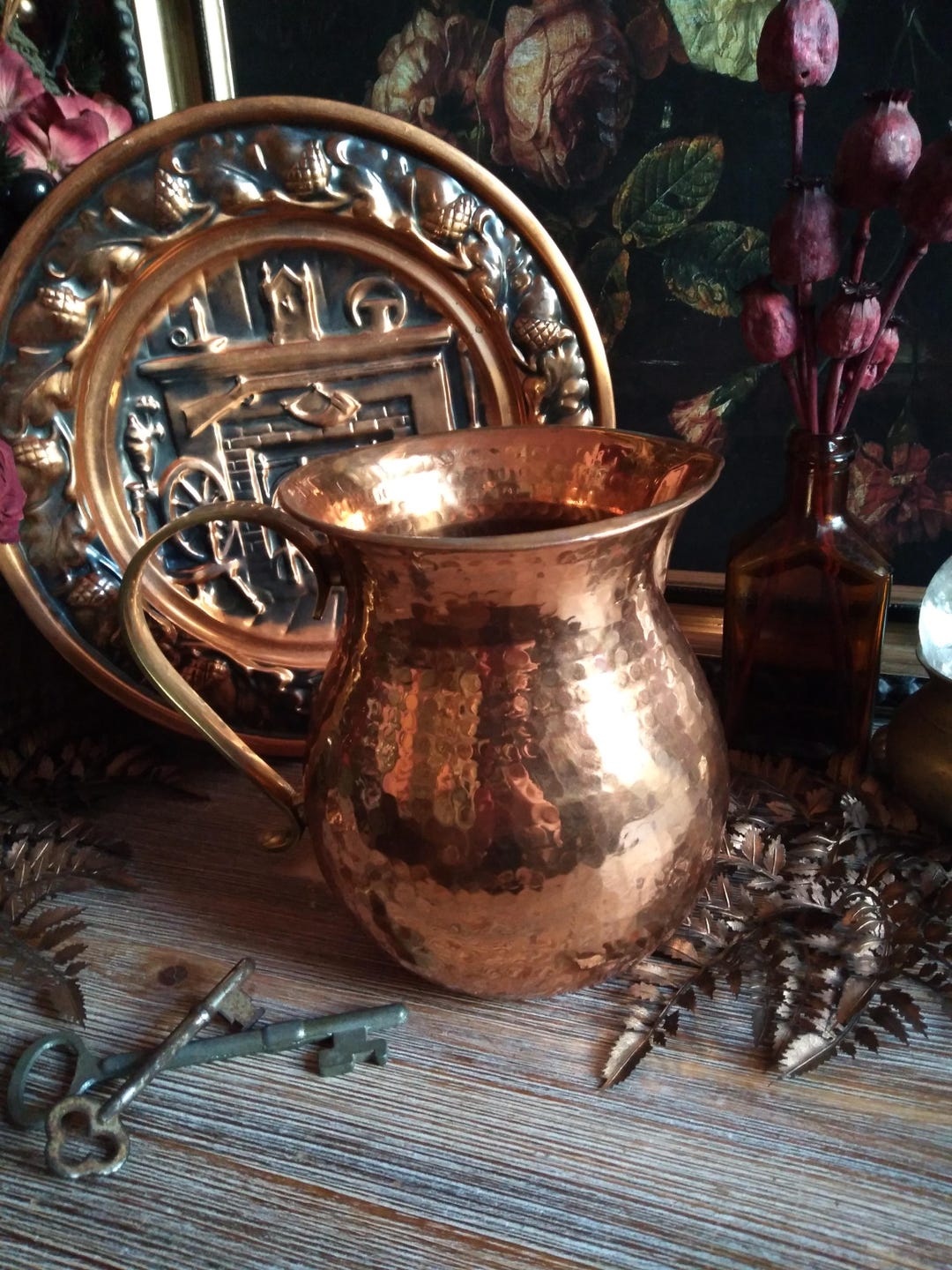Primitive Vintage Copper Altar Pitcher / Hammered Copper Jug / Copper ...