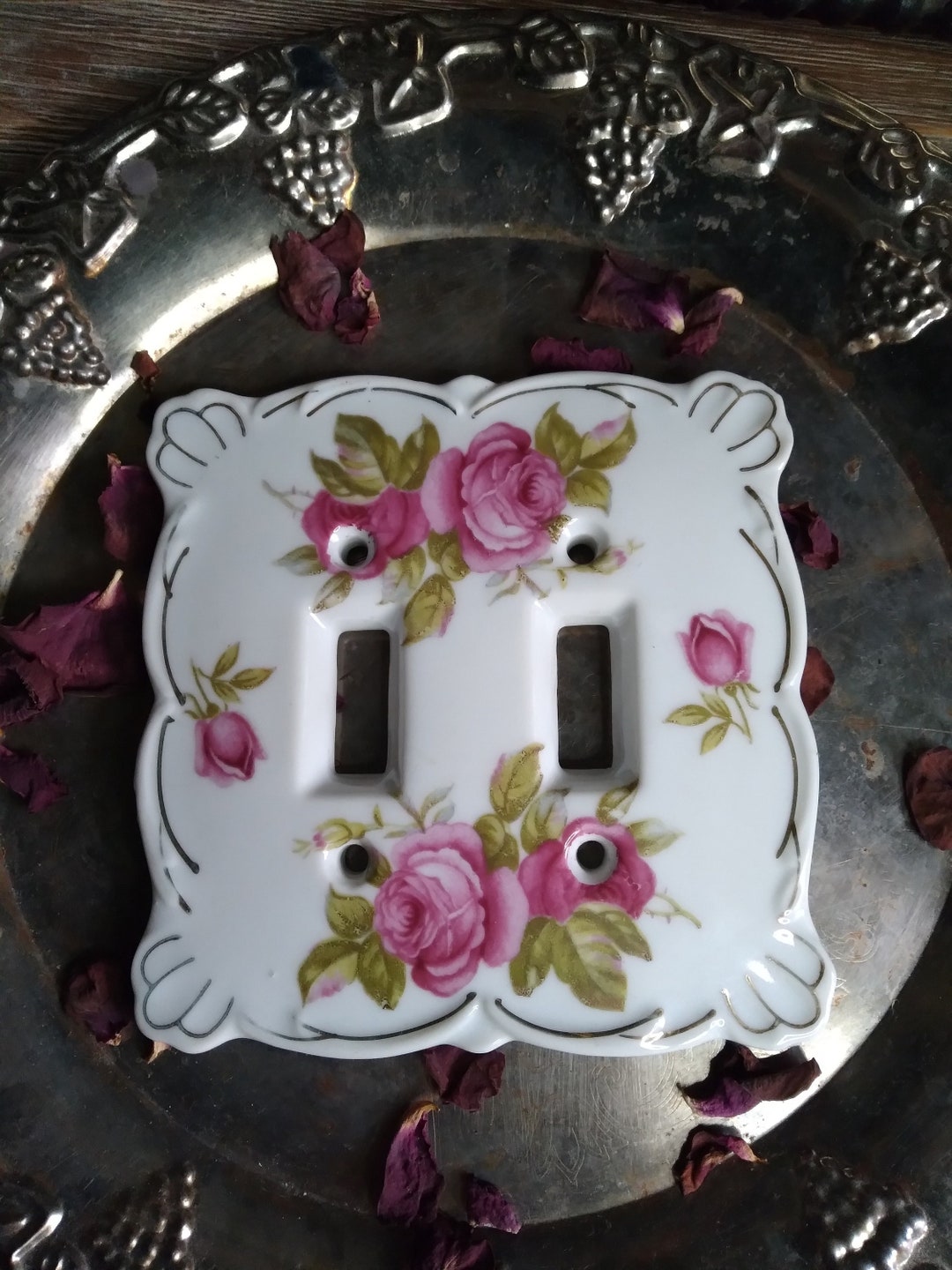 Vintage Porcelain Light Switch Plate, Pink Rose Flowers , Double Light ...