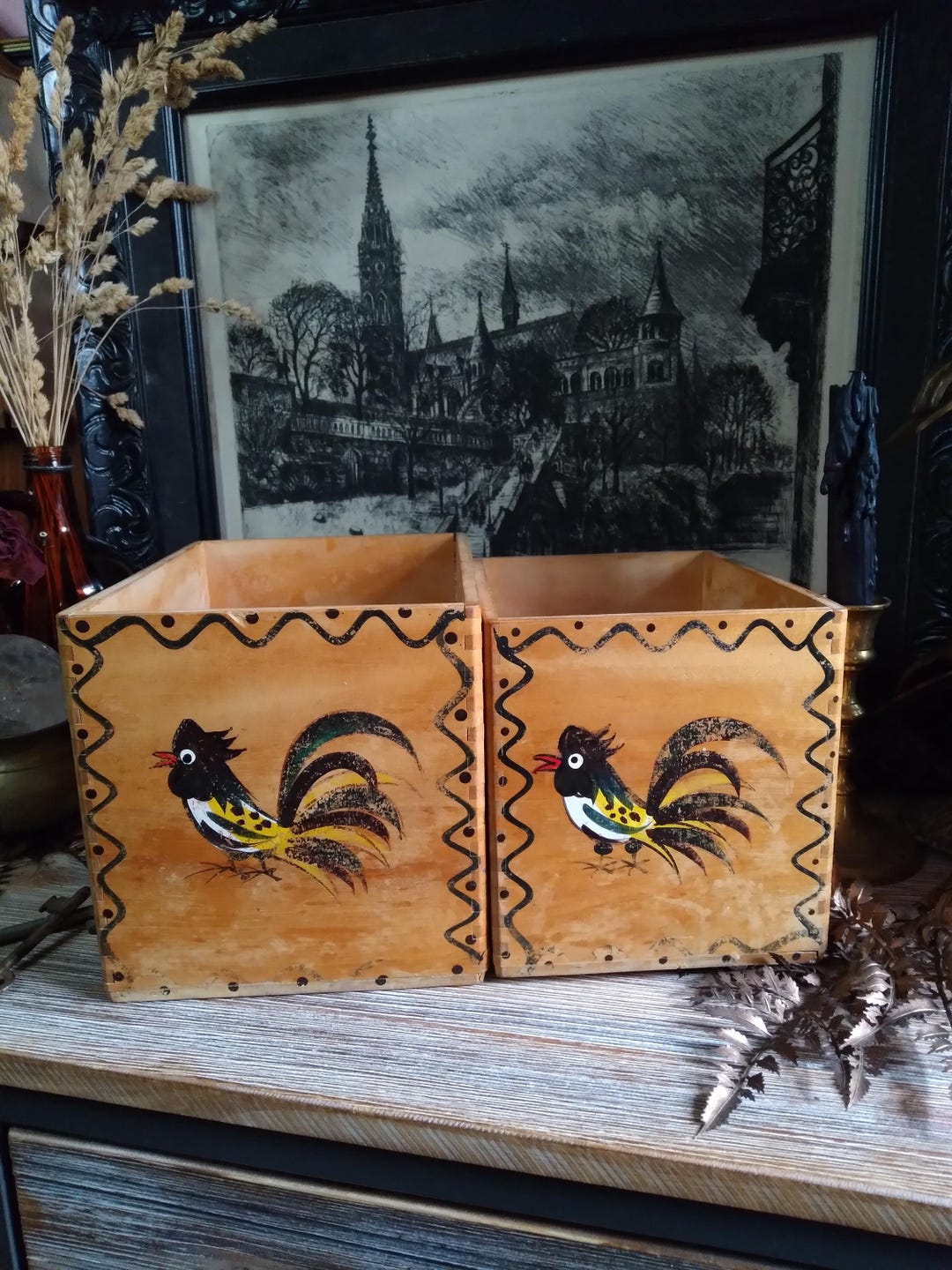 2 Vintage Rustic Wooden Chicken Boxes / Woodpecker Ware Rooster Box ...