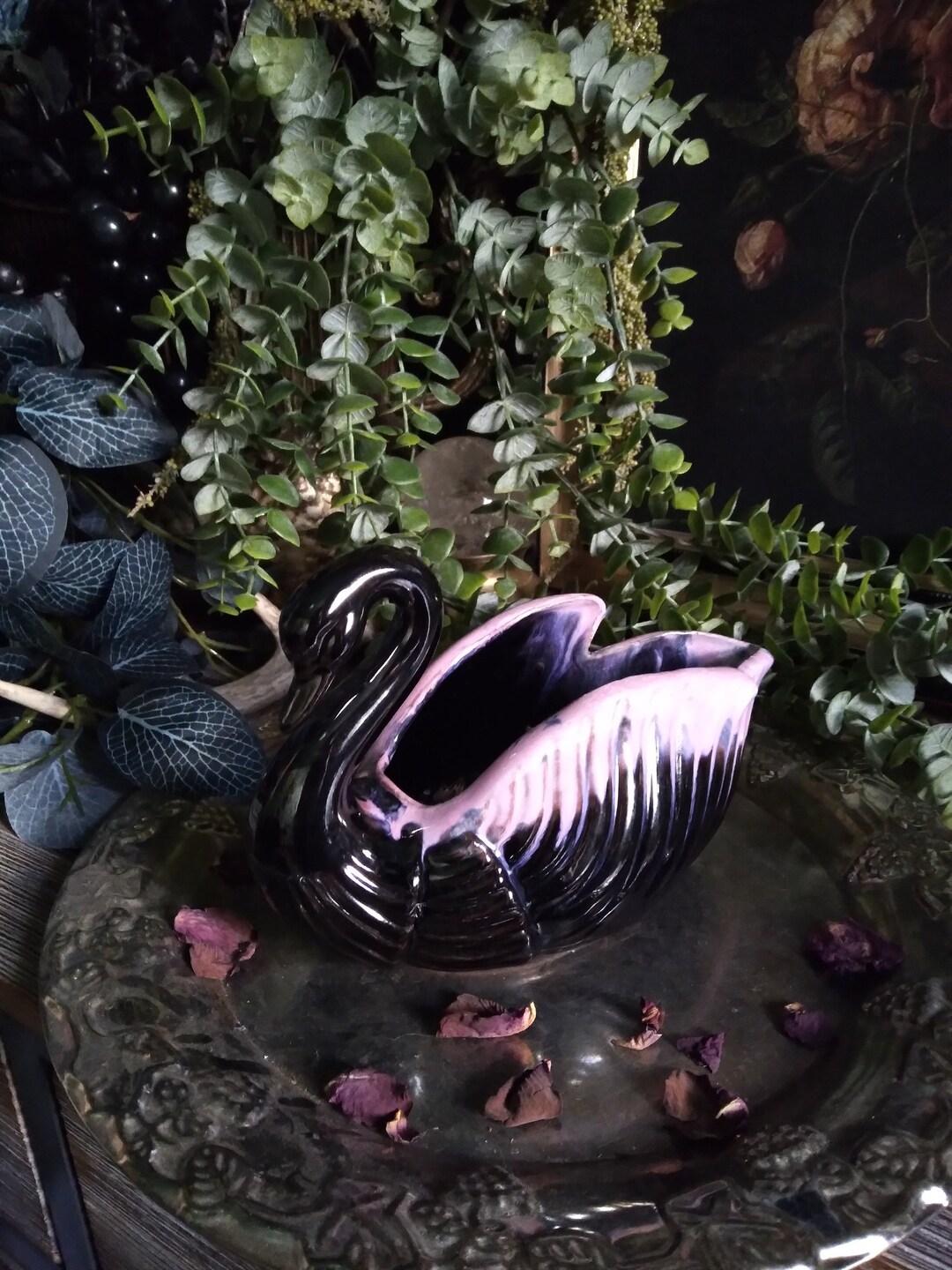 Vintage Swan Planter / Mid Century Decor / Black & Pink Swan Vase ...
