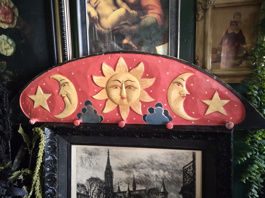 LARGE Vintage Wooden Sun Moon & Star Hook / Celestial Coat Rack / Wall ...