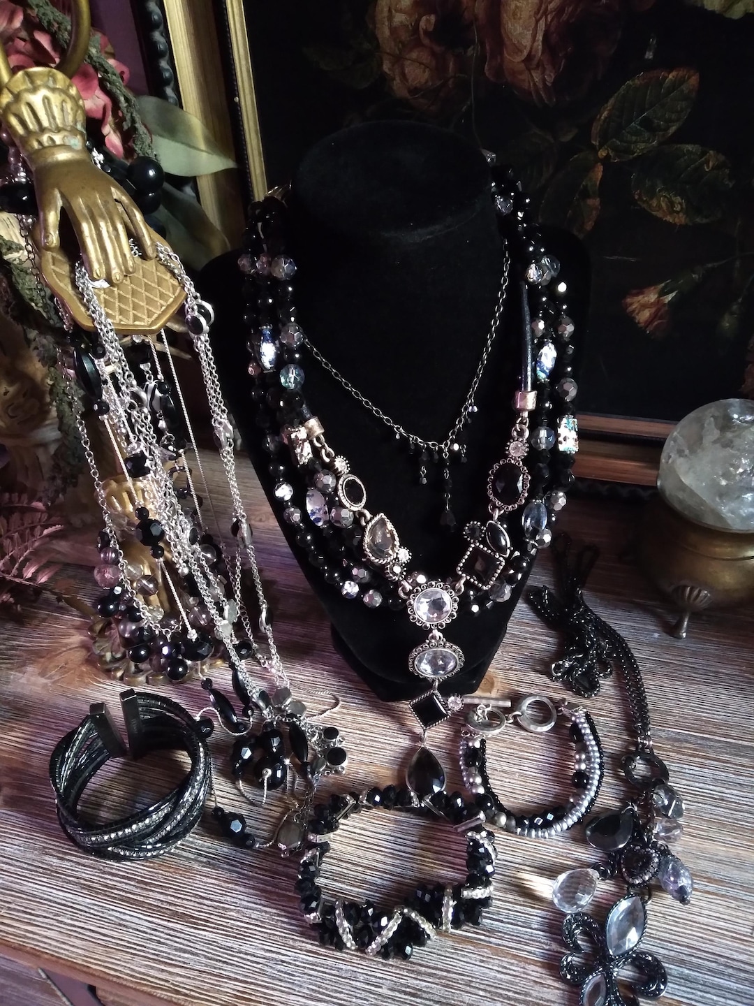 Dark Goddess Black Jewelry Lot / Vintage Beaded Jewelry Rhinestone ...