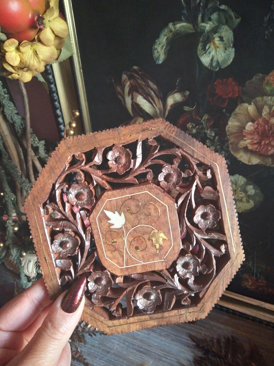 Vintage Hand Carved Wood Trivet / Wooden Flower Trivet / Pot & Pan ...