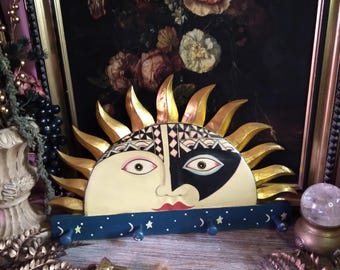 LARGE Vintage Wooden Sun Moon & Star Hook / Celestial Coat Rack / Wall ...