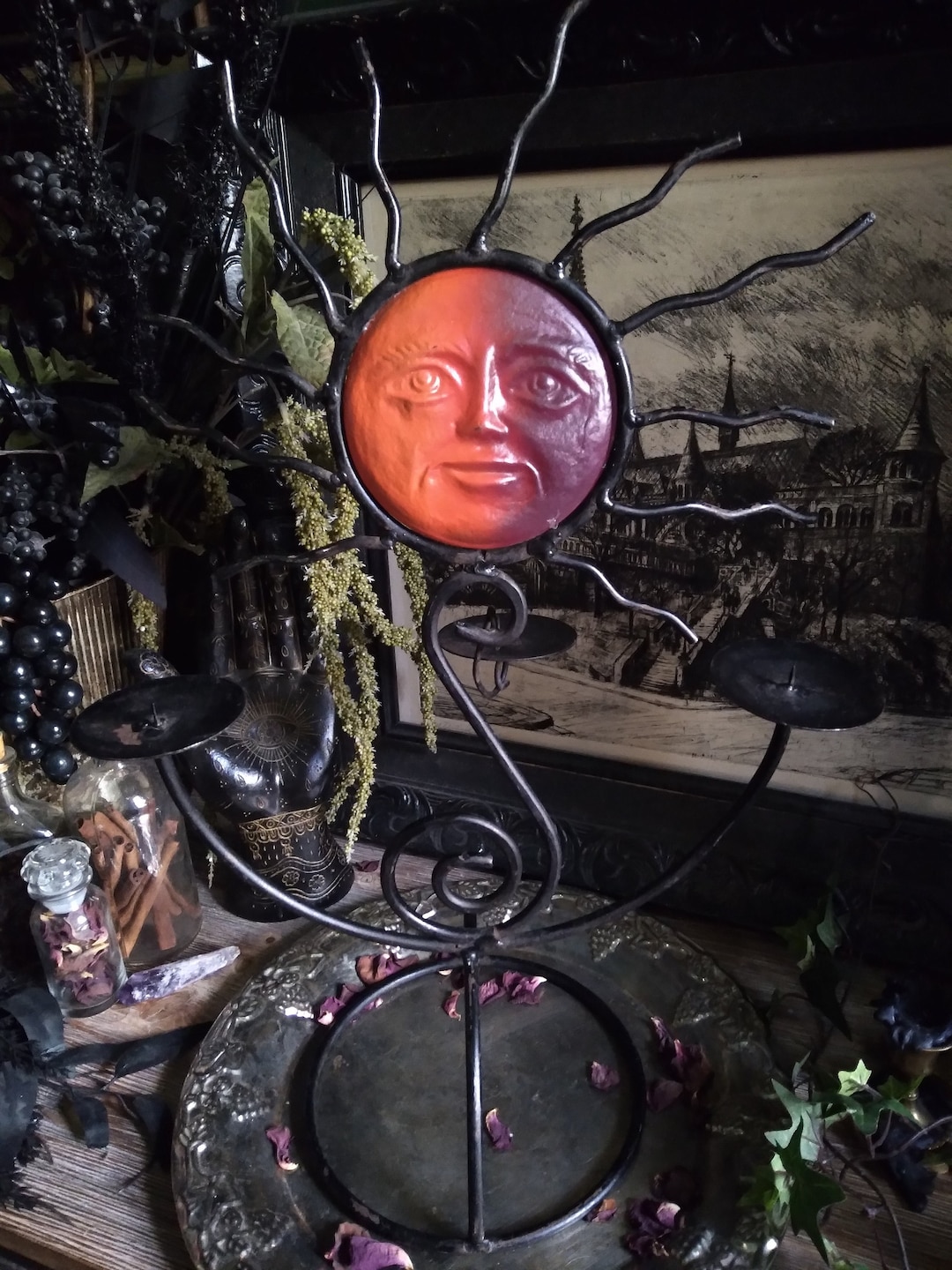 Large Vintage Metal & Glass Sun Face Candle Holder / Celestial Sun God ...