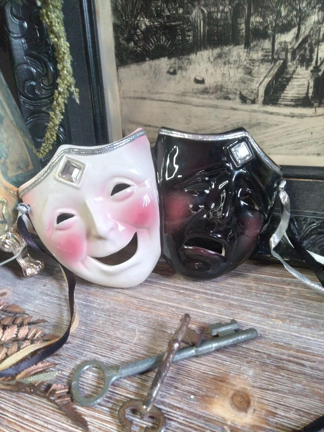 Vintage Comedy & Tragedy Mask / Black and White Ceramic Venetian Mask ...