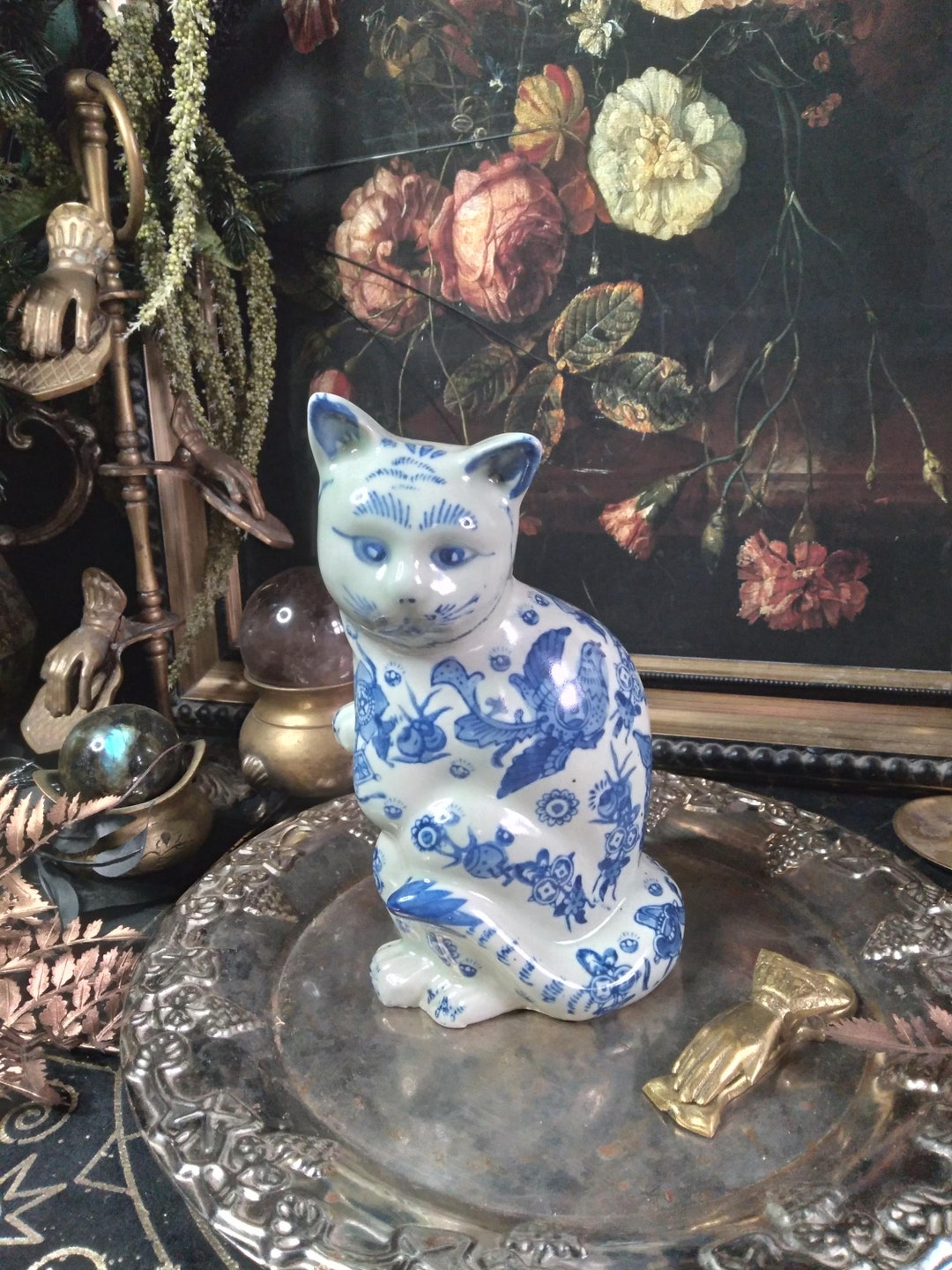 RARE Antique Blue and White Cat Figurine / Chinoiserie Decor / Lucky ...