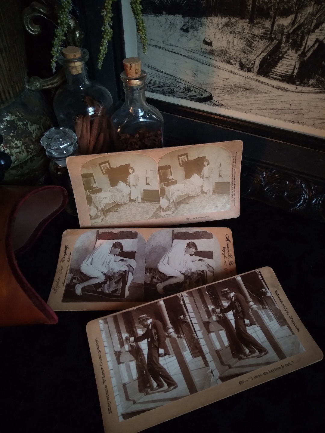3 Humorous Antique Stereoscope Photo Cards / Drunk Man Possessed Person ...