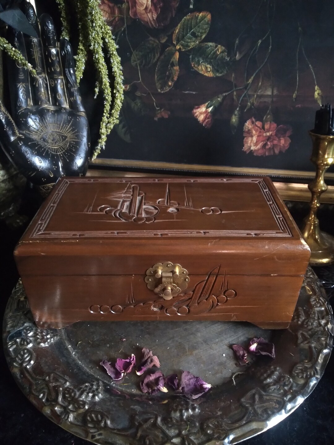 Vintage Wooden Altar Box / Wood Jewelry Box / Red Lined Chest / Spell ...