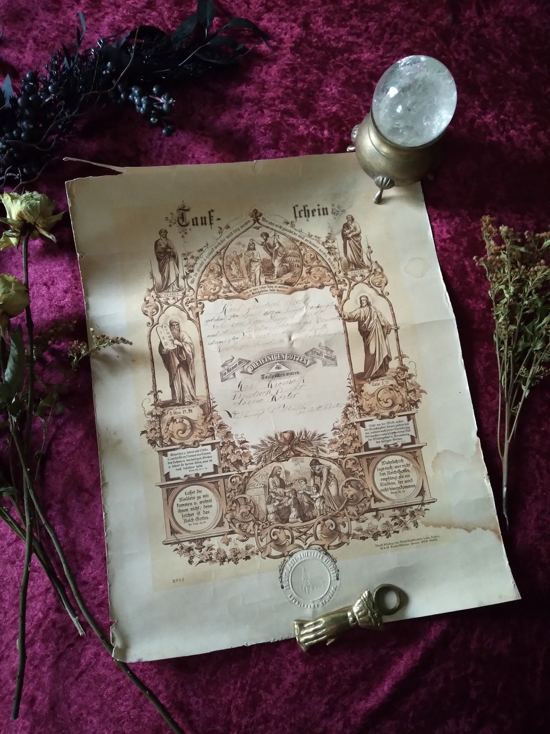 Antique German Baptism Certificate 1908 Antique Document / German ...