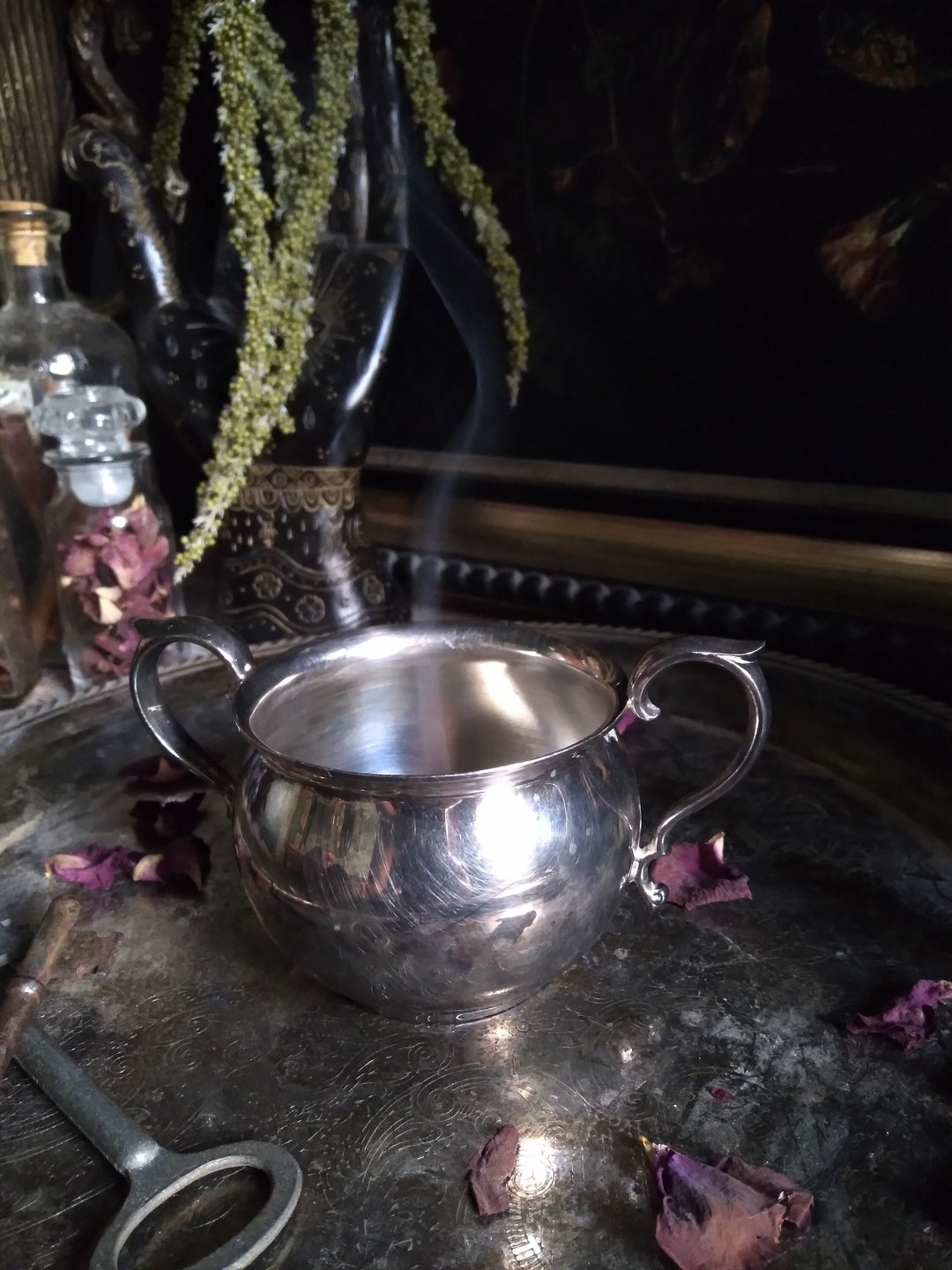 Vintage Silver Cauldron / 2 Handle Cauldron / Gothic Ritual Altar Dish ...