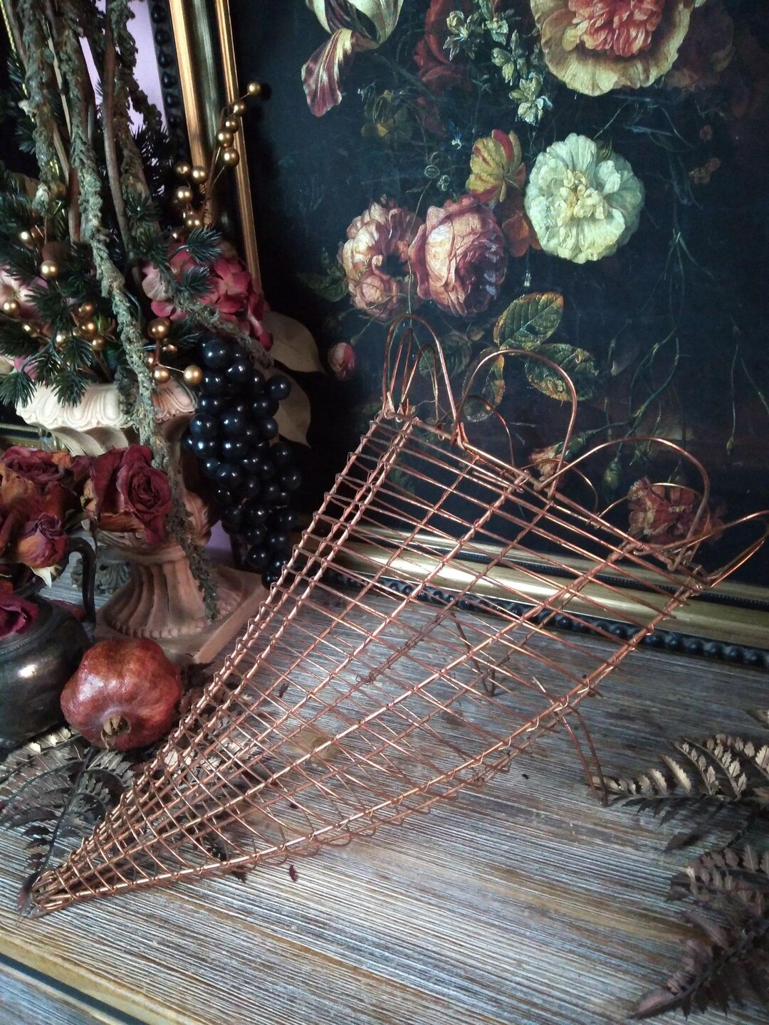 Vintage Cornucopia Basket / Small Copper Wire Horn Basket / Altar ...
