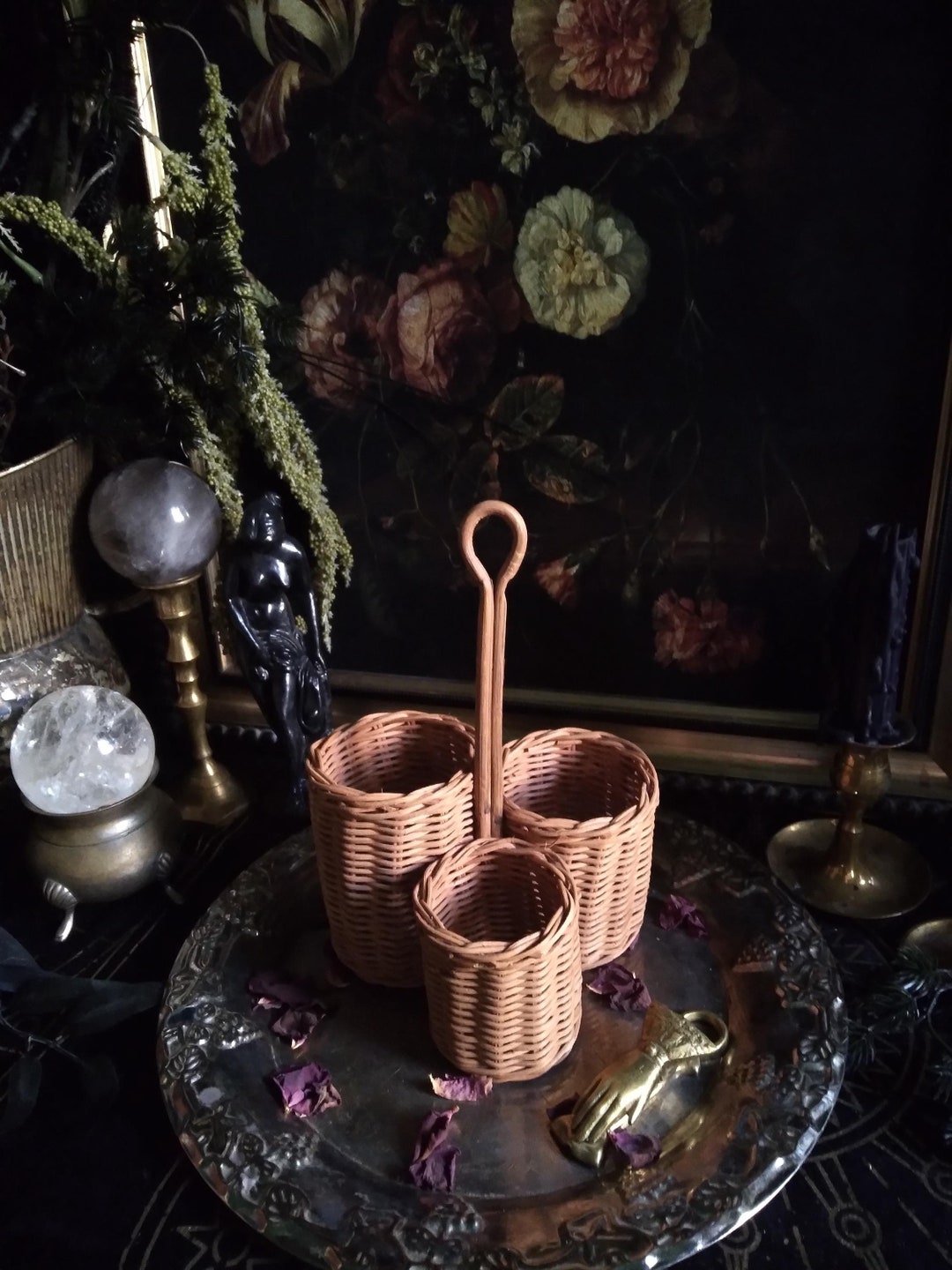 Vintage Wicker Triple Caddy Holder / Rattan Organizer / Basket ...