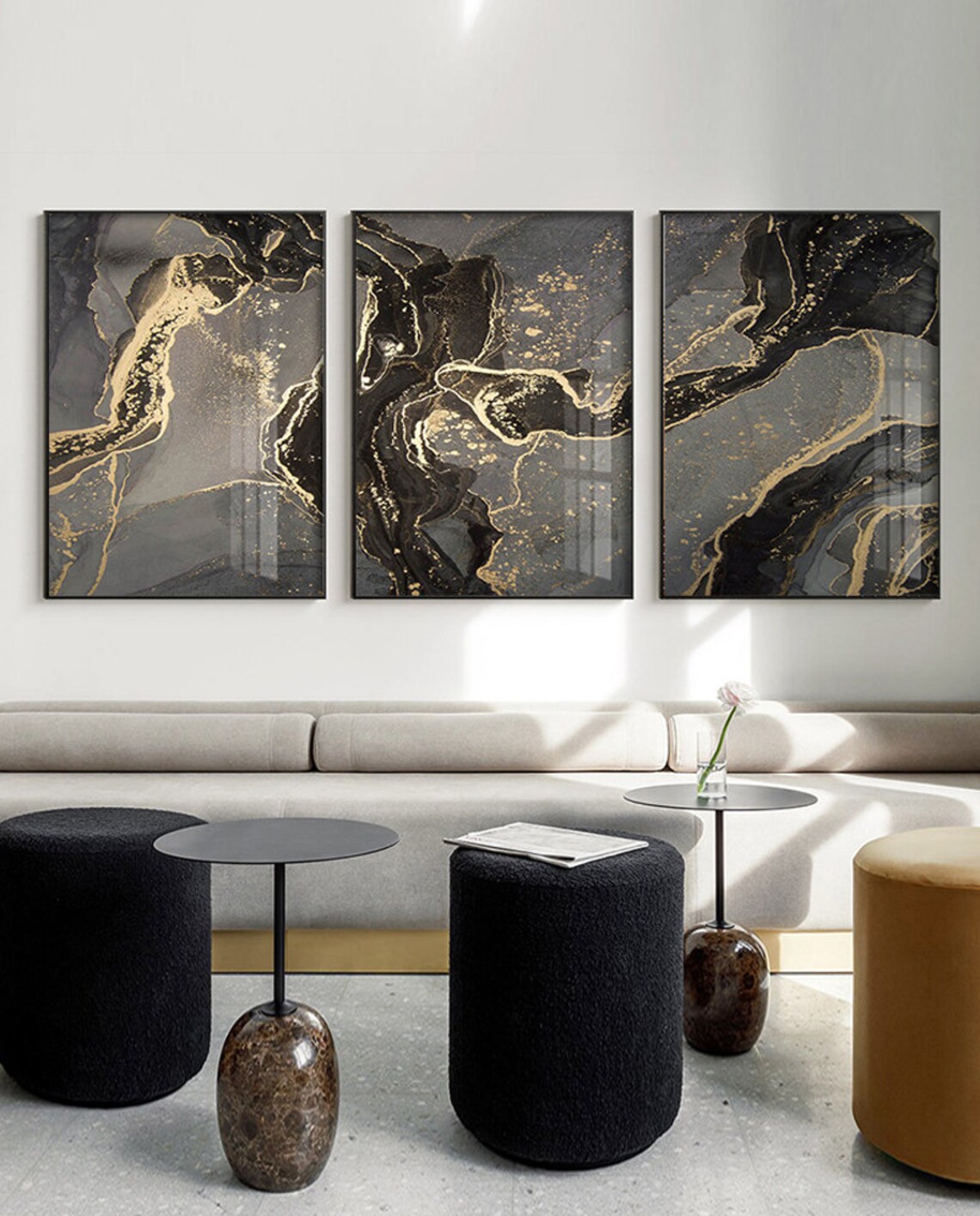 Simple Black Gilded Triptych Modern Light Luxury Abstract Large Wall ...