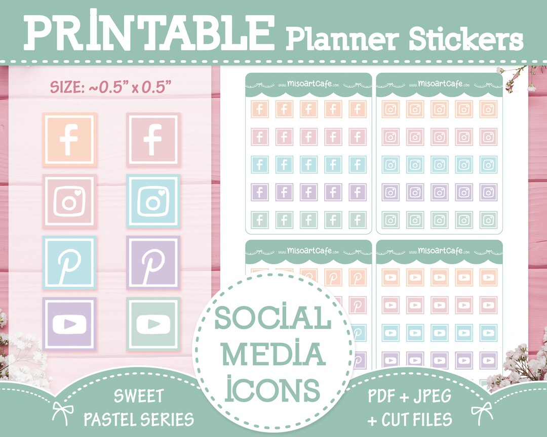 Pastel Social Media Printable Planner Stickers Icons for - Etsy