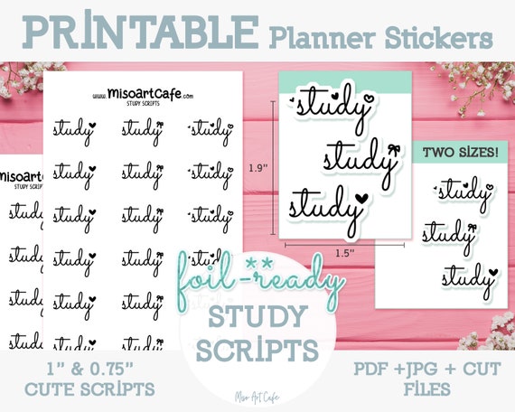 Study Script Printable Planner Stickers Instant Download | Etsy