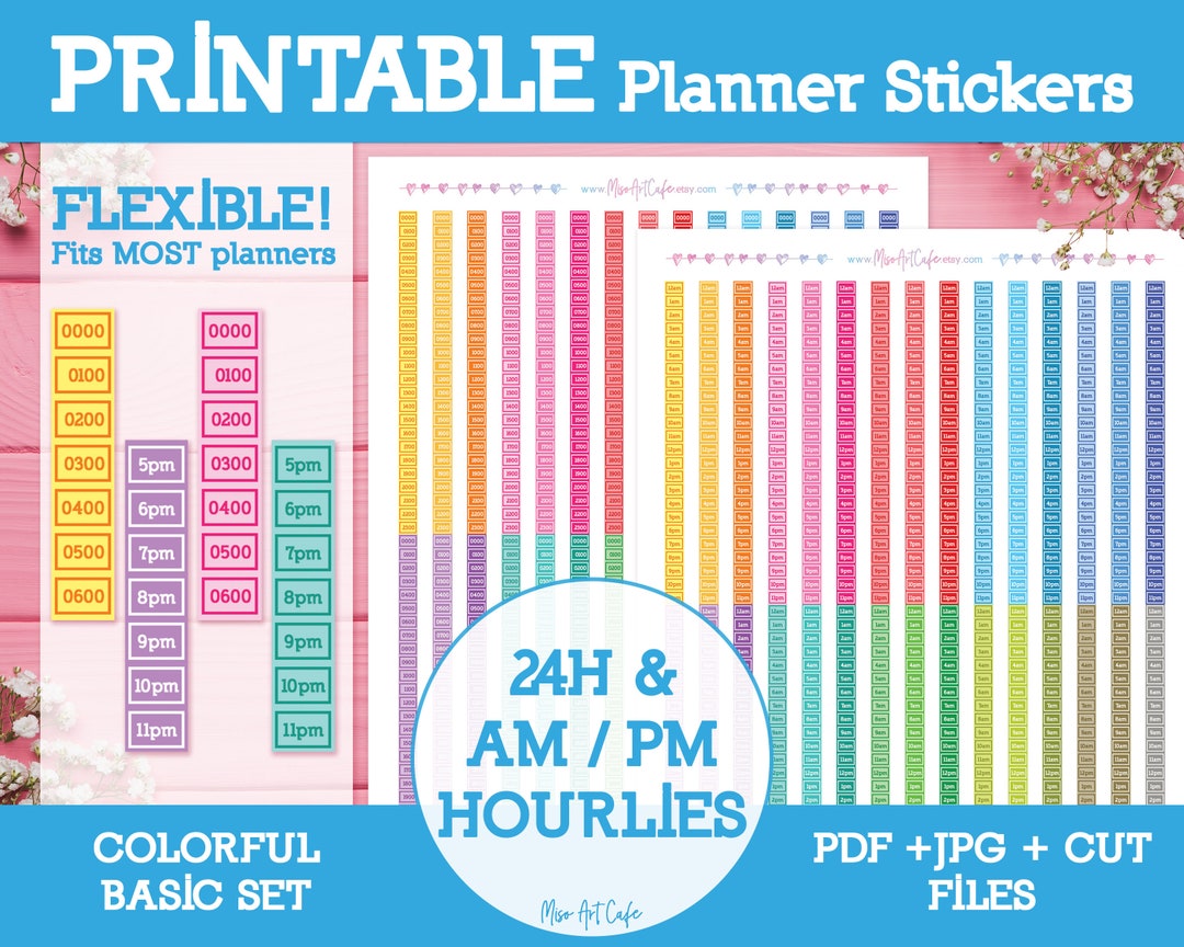 24-hour & AM / PM Format Hourly Strips Block Printable Planner Stickers ...
