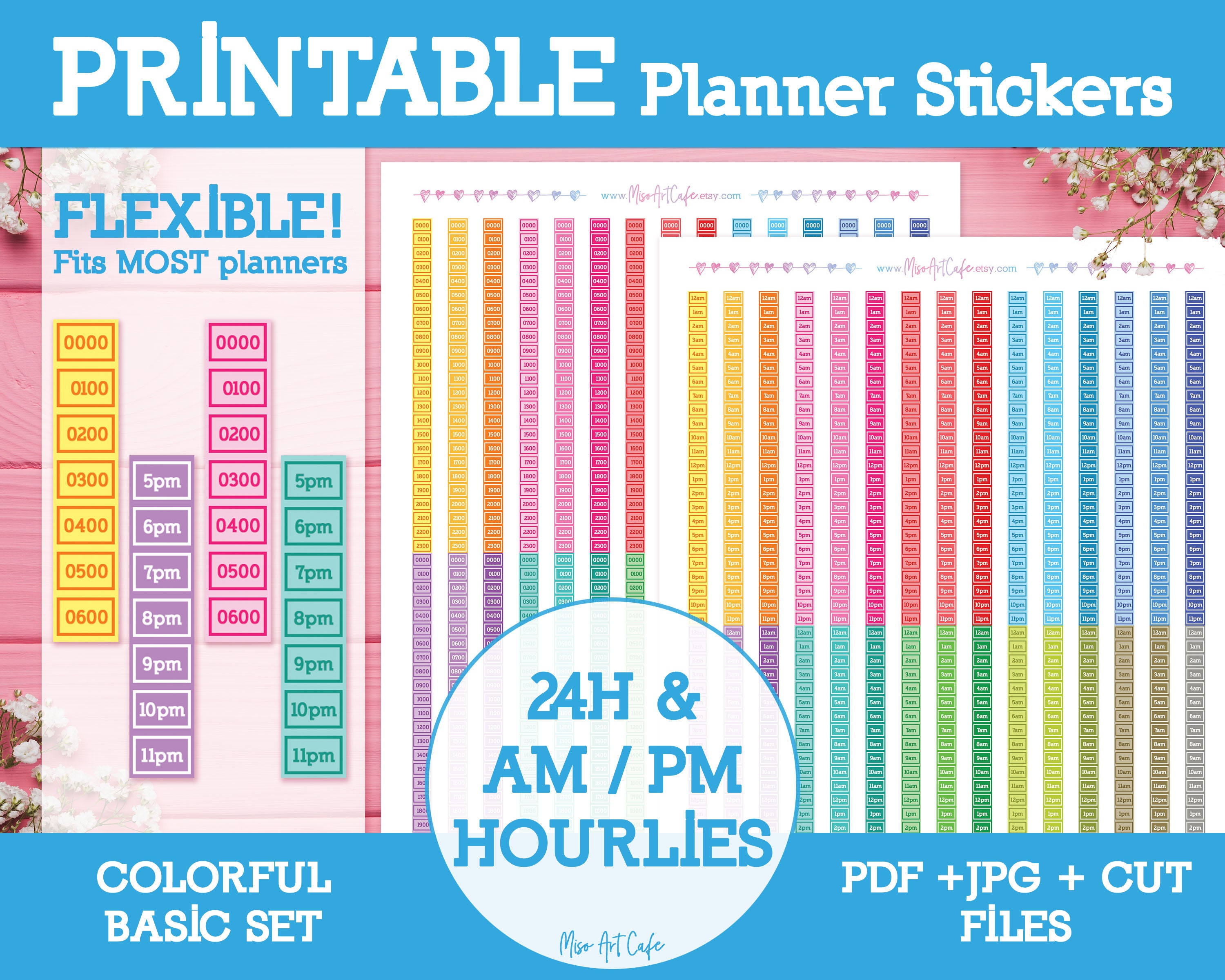 24-hour & AM / PM Format Hourly Strips Block Printable Planner Stickers ...