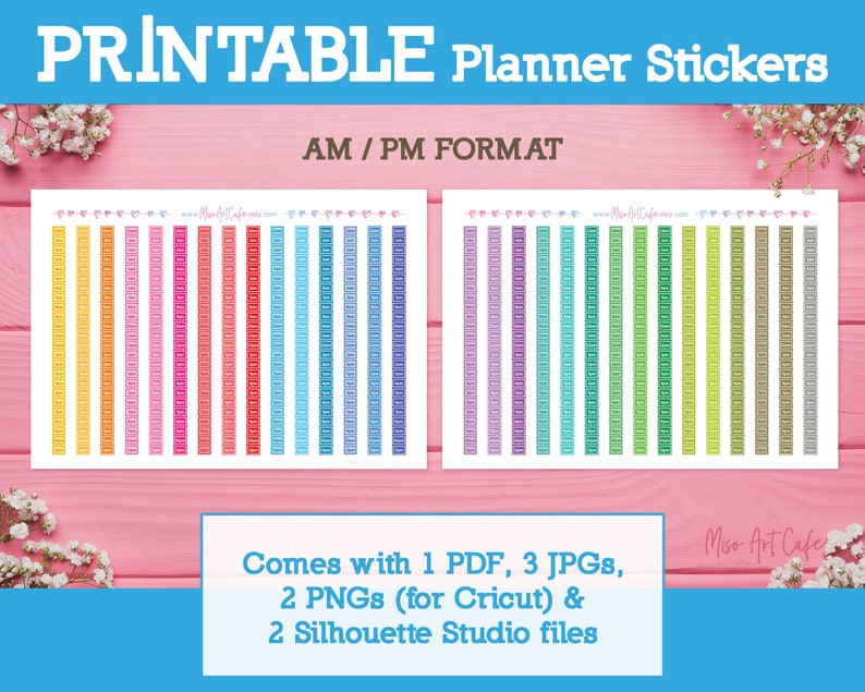 24-hour & AM / PM Format Hourly Strips Block Printable Planner Stickers ...