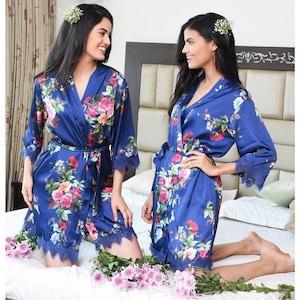 SALE! Navy Blue Bridesmaid Robes -floral Silk Robes -getting Ready ...