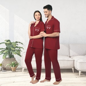 Cotton Pajama Set, Embroidered Matching Couples Pajamas, Gift for Him ...