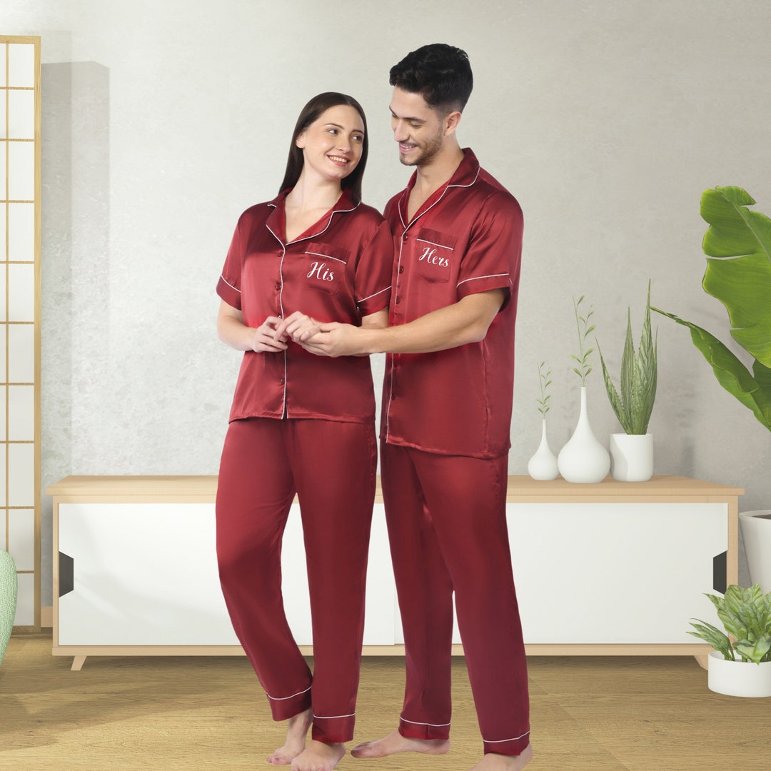 His and Hers Matching Satin Pajamas, Customized Short Sleeve + Pants ...