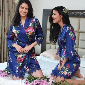 SALE! Navy Blue Bridesmaid Robes -floral Silk Robes -getting Ready ...