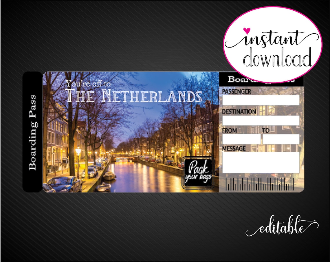Printable NETHERLANDS Surprise Trip Gift Ticket. Boarding Pass. Trip ...