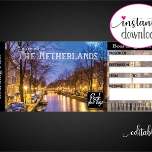 Printable NETHERLANDS Surprise Trip Gift Ticket. Boarding Pass. Trip ...
