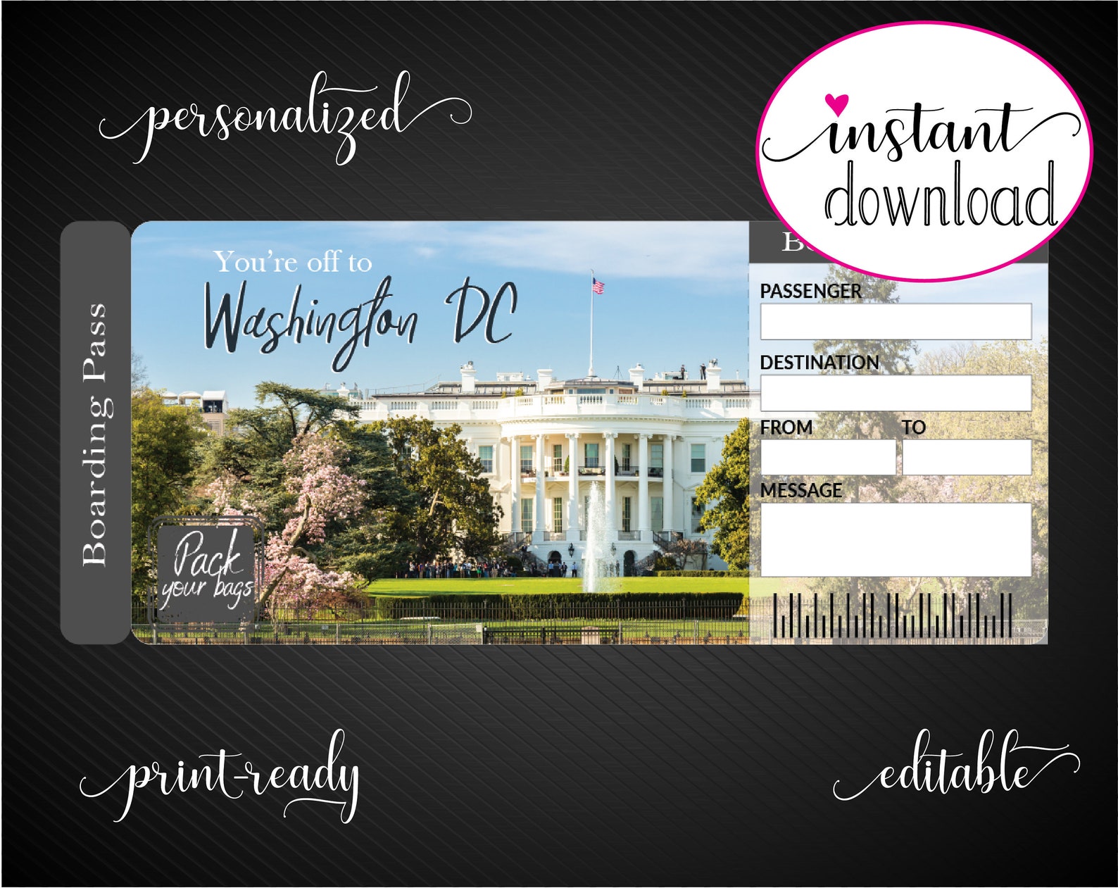 Printable WASHINGTON DC Surprise Trip Gift Ticket. Boarding - Etsy
