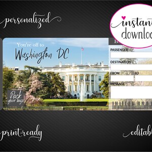 Printable WASHINGTON DC Surprise Trip Gift Ticket. Boarding Pass ...