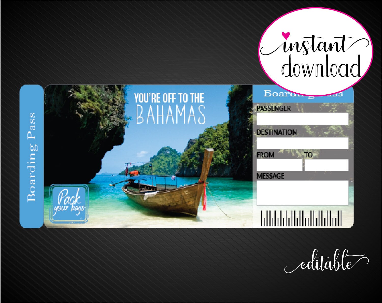 Printable BAHAMAS Surprise Trip Gift Ticket. Boarding Pass. Ticket ...