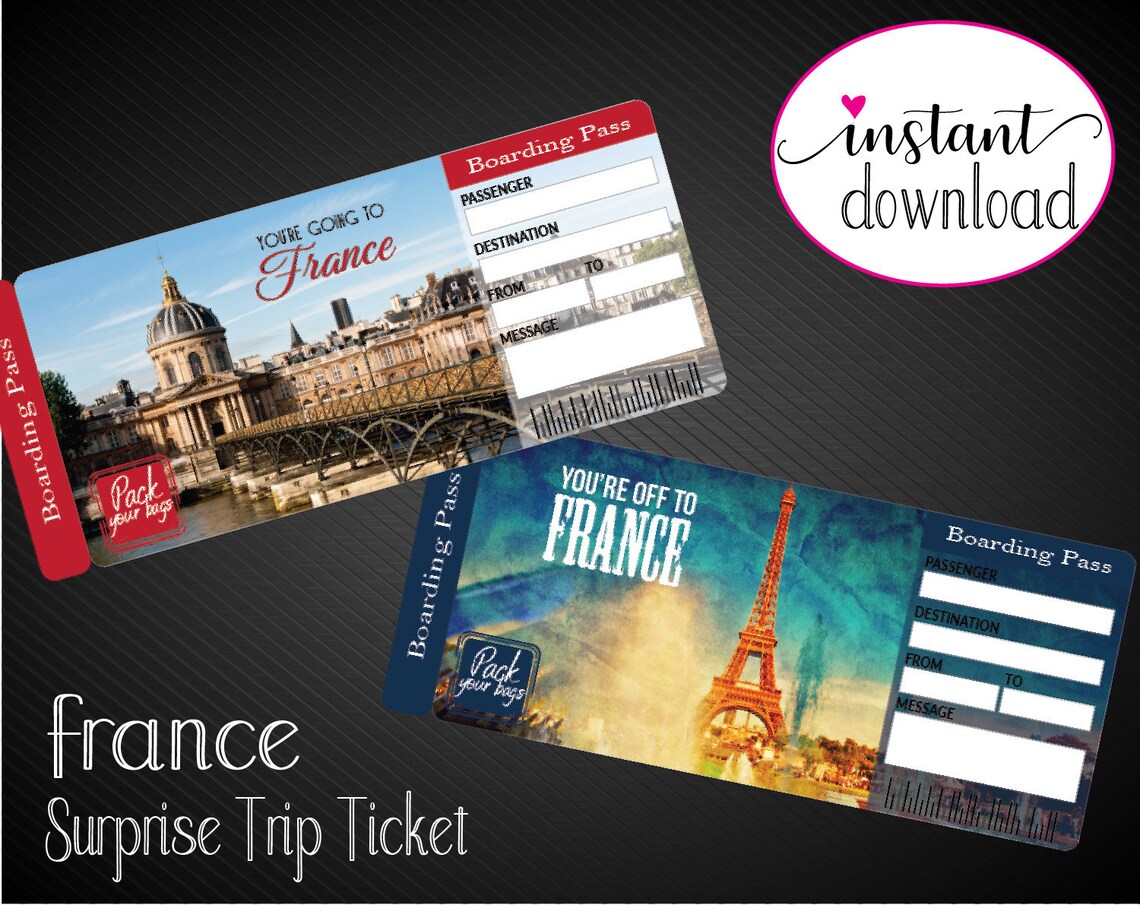 Printable FRANCE Surprise Trip Gift Ticket. Boarding Pass. Ticket. Trip ...