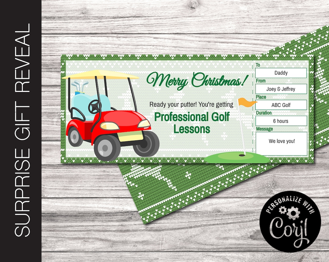 Editable GOLF LESSONS Surprise Gift Reveal Coupon. Holiday Subscription ...