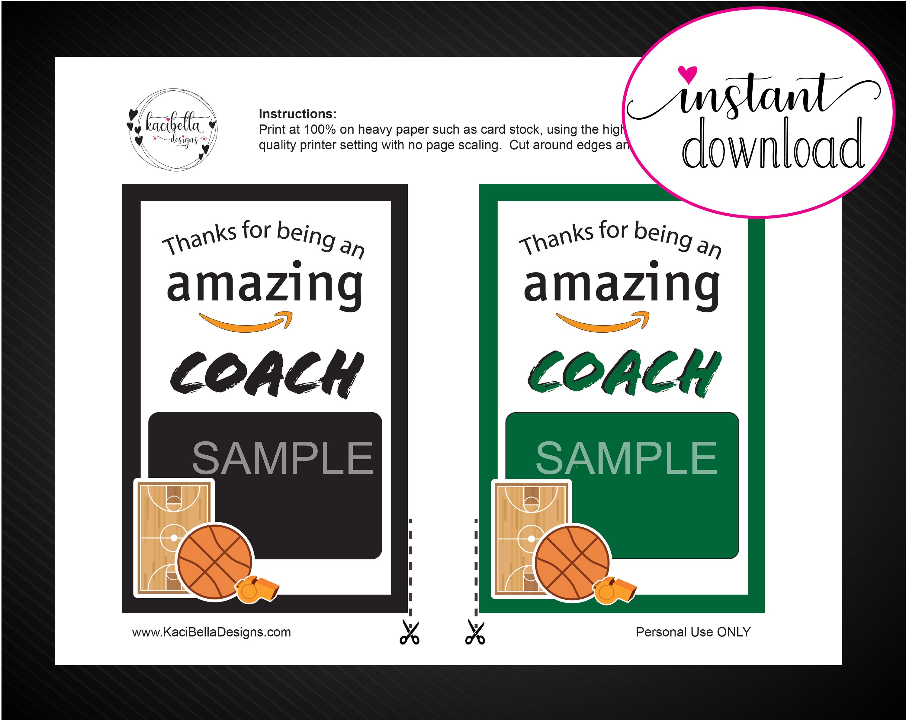 Printable BASKETBALL COACH Appreciation Amazon Gift Card Holder. 6 ...