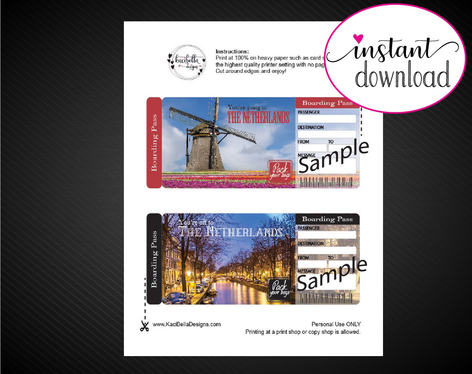 Printable NETHERLANDS Surprise Trip Gift Ticket. Boarding Pass. Trip ...